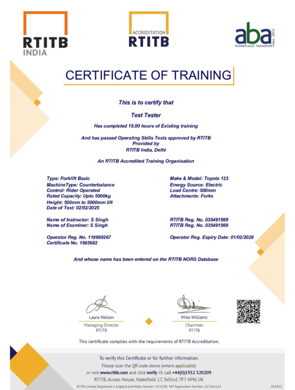 Forklift Certification & Forklift Training | RTITB India – Get Certified