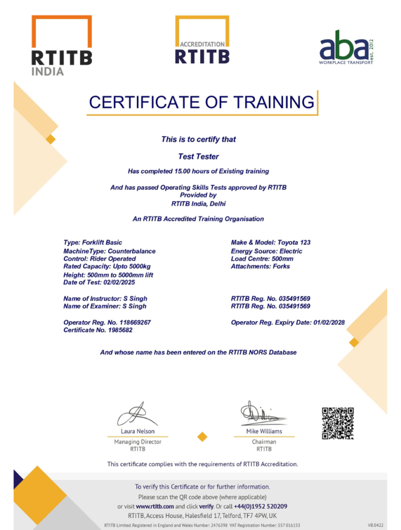 Forklift Certification & Forklift Training | RTITB India – Get Certified